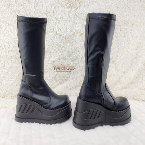 Demonia | Shoes | Stretch Platform Wedge Heel Knee Boots Goth Punk ...